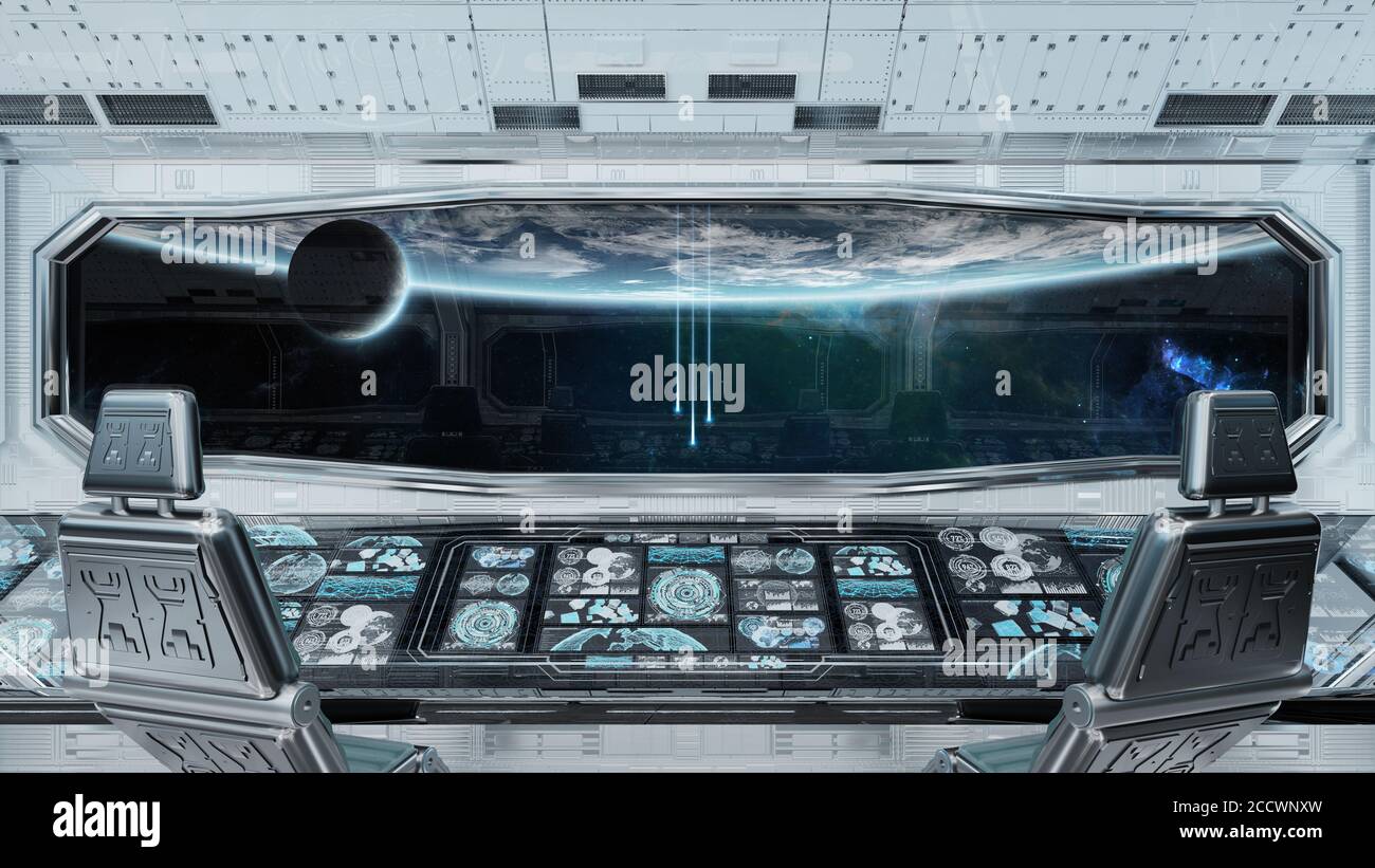 White clean spaceship interior with view on planet Earth 3D rendering ...