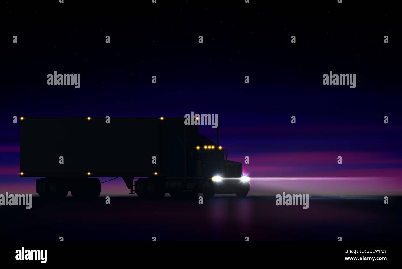 Night large classic big rig semi truck with headlights and dry van semi ...