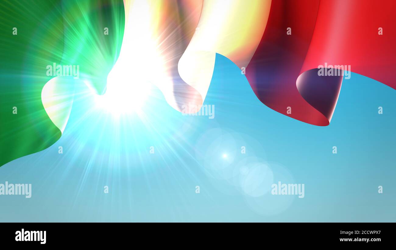 The sun shines through the waving flag of italy. Italian waving flag on ...