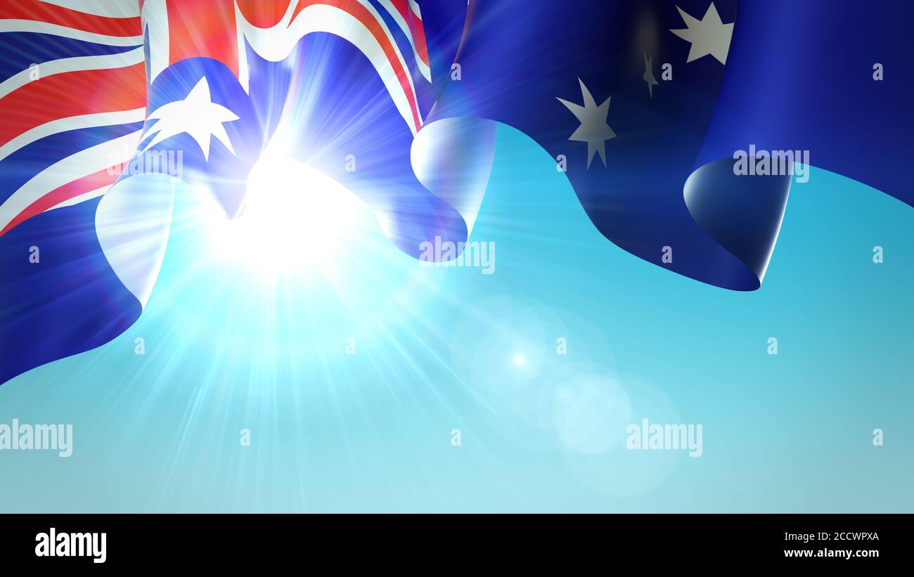 The sun shines with golden rays through the waving flag of australia ...