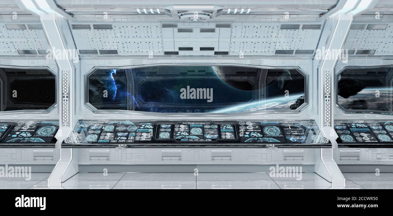 White clean spaceship interior with view on distant planets system 3D ...