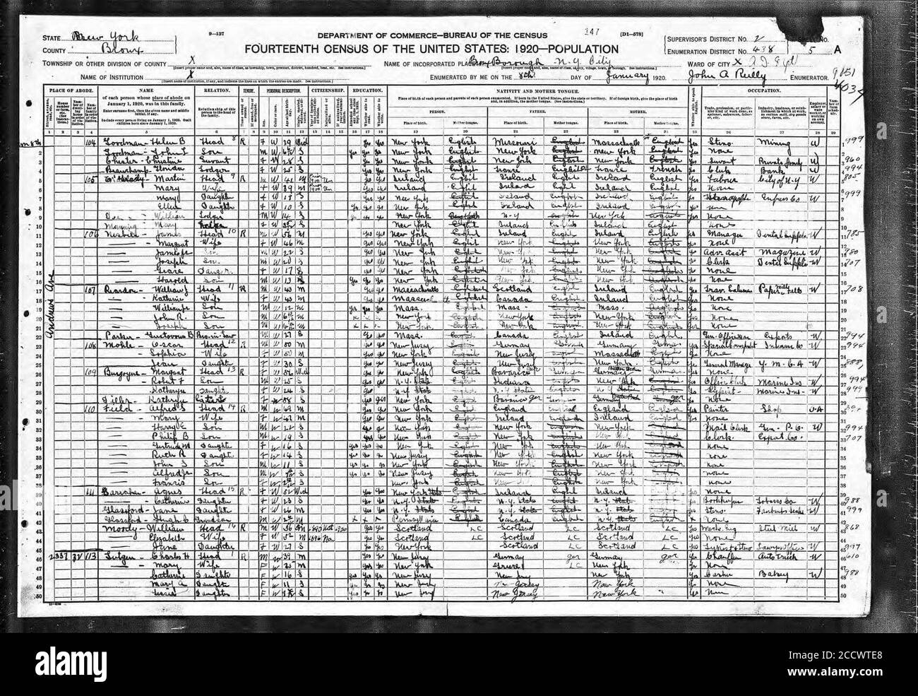 Jean Earle Mohle in the 1920 US census in the Bronx Stock Photo - Alamy