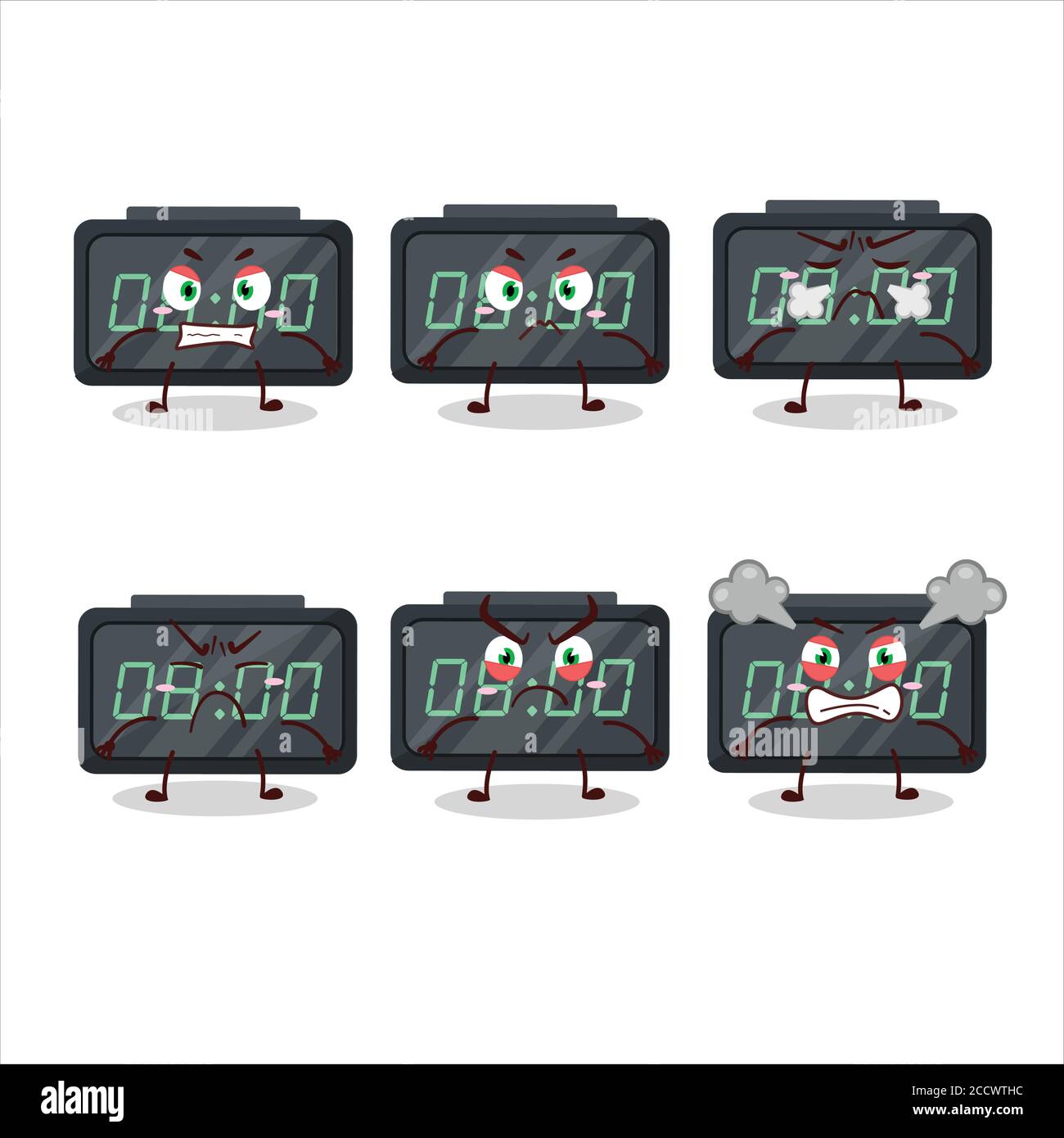 Digital alarm clock cartoon character with various angry expressions ...