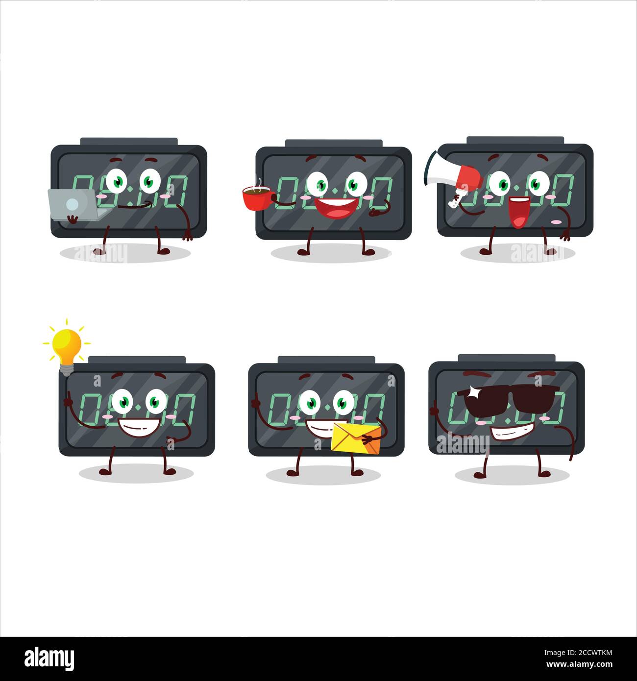 Digital alarm clock cartoon character with various types of business ...