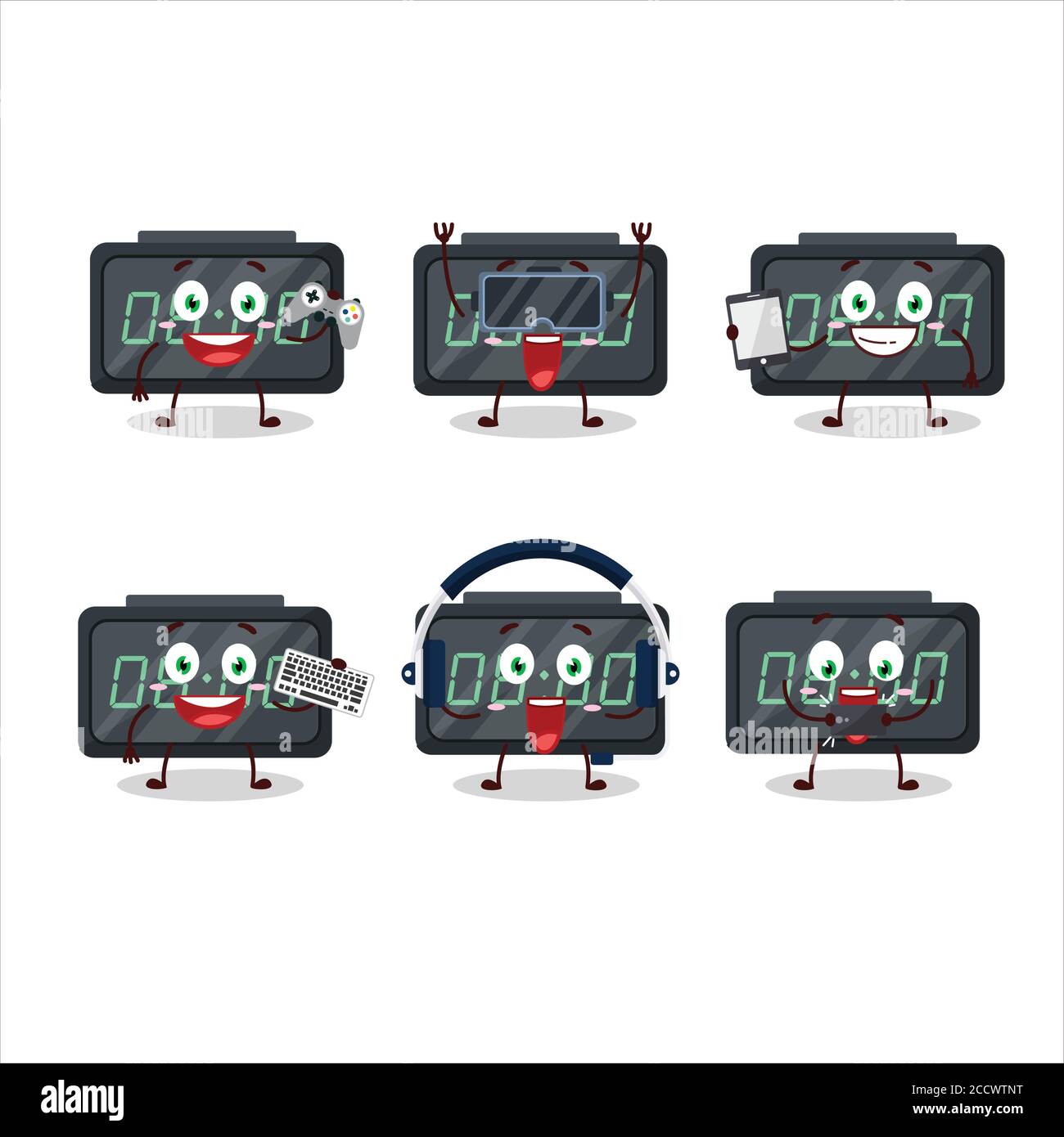 Digital alarm clock cartoon character are playing games with various ...