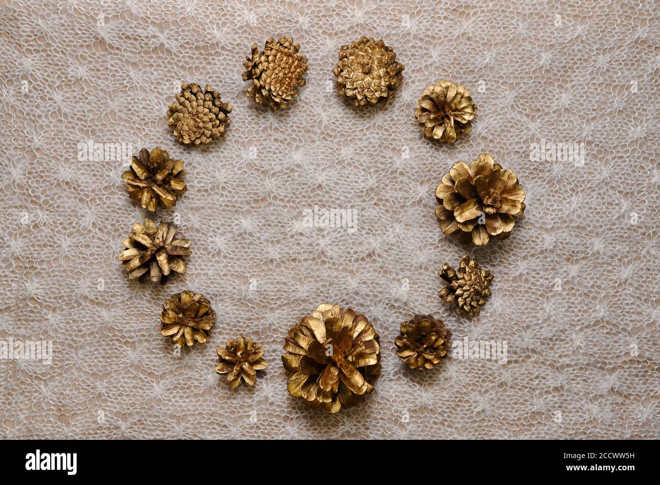 A background of gilded pine cones, top view, a round frame in the ...