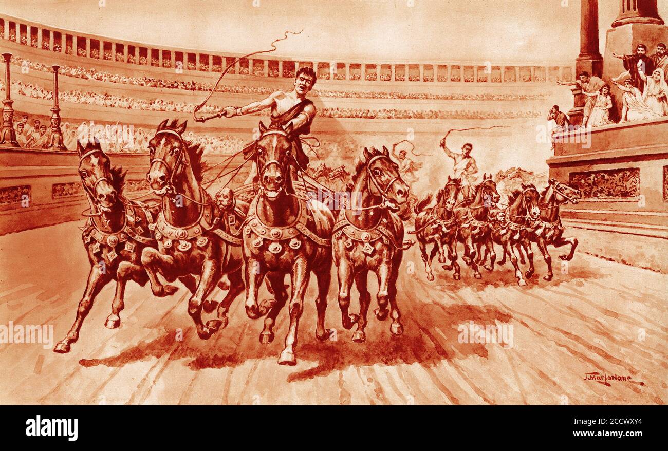 Halftone of a Roman chariot race. From a set of school posters for ...