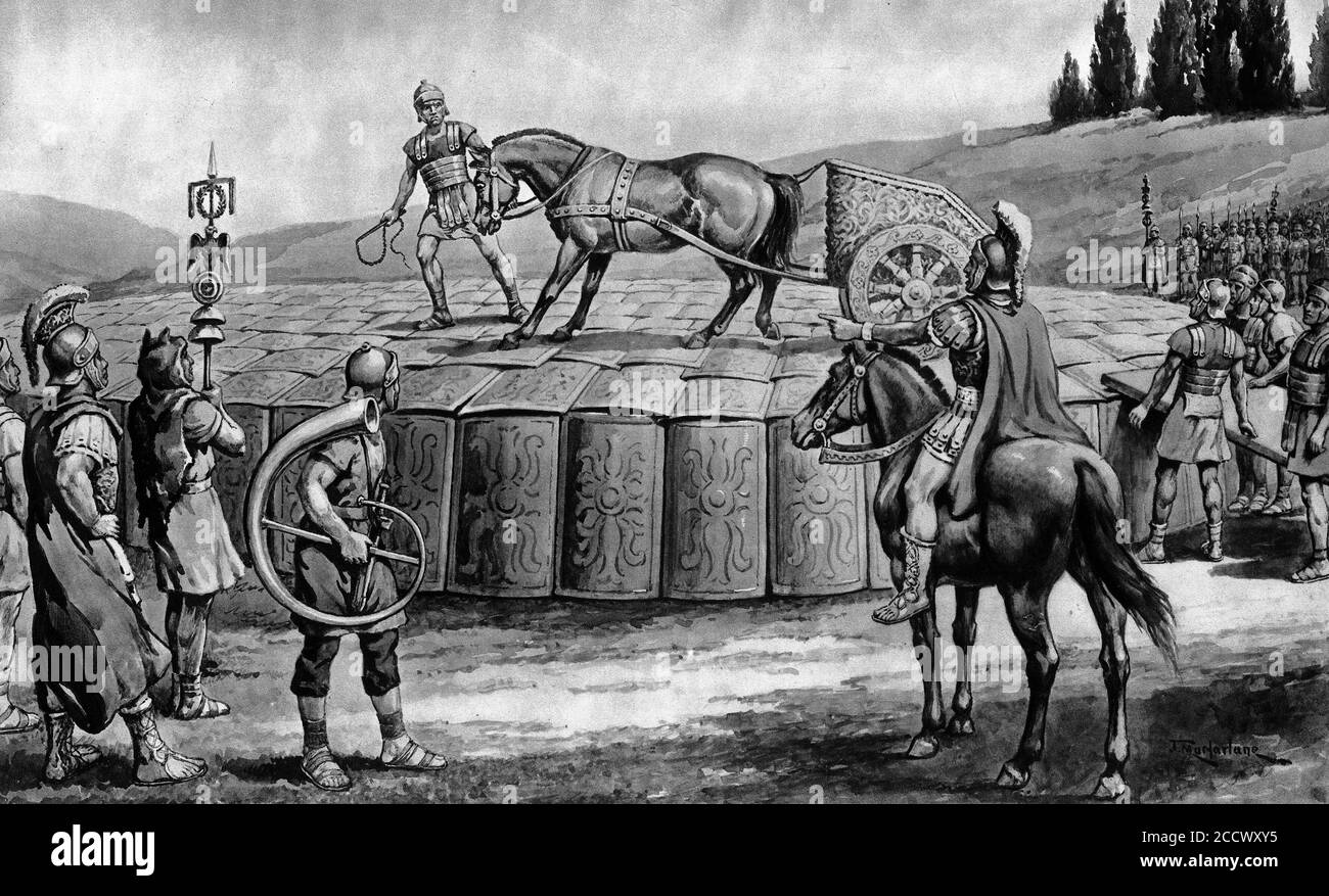 Halftone of a Roman legionnaire testing the strength of a battle ...