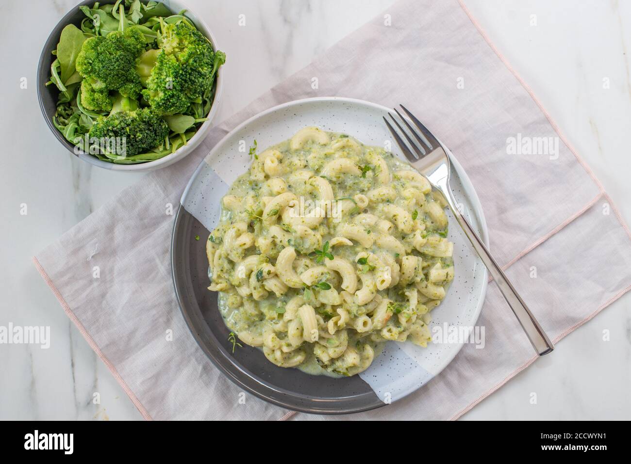 healthy home made Vegan fusilli pasta salad with broccoli Stock Photo ...