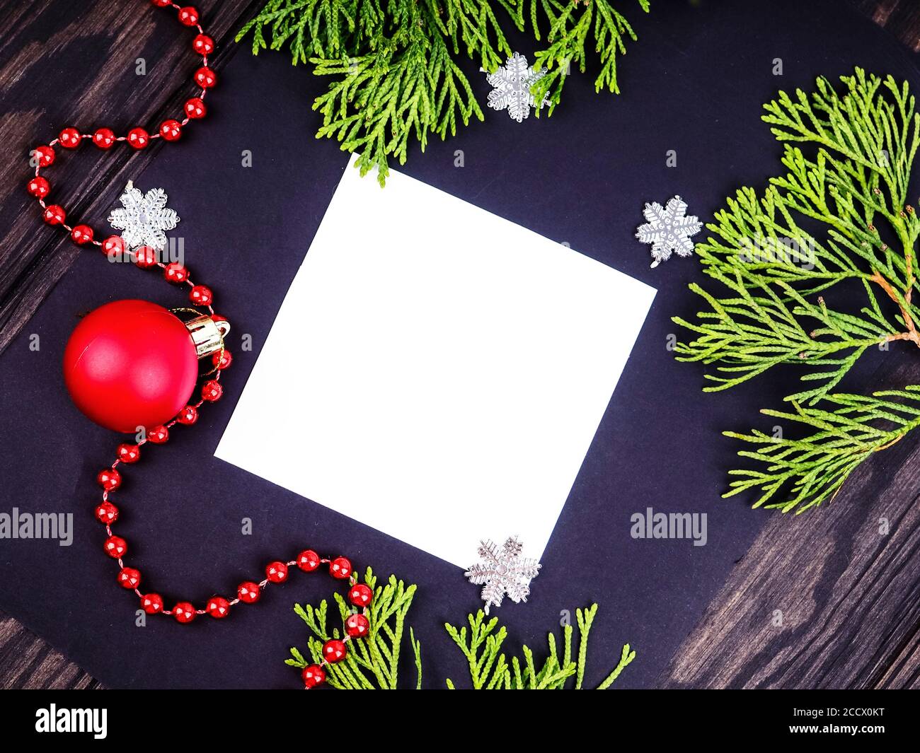 Christmas frame of tree branches, Fir tree branches with red christmas ...