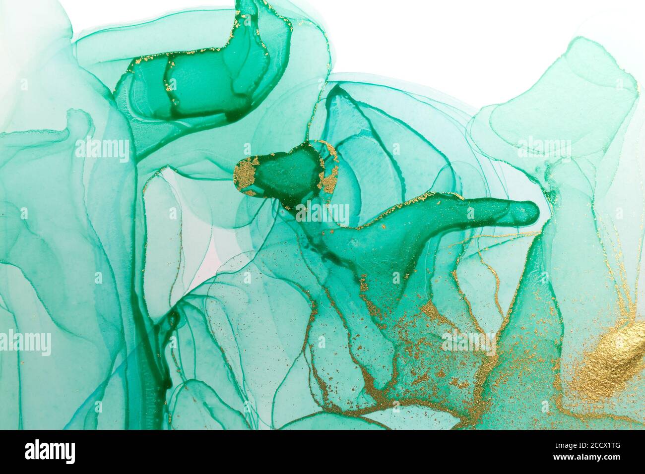 Alcohol ink green and gold abstract background. Transparent watercolor ...