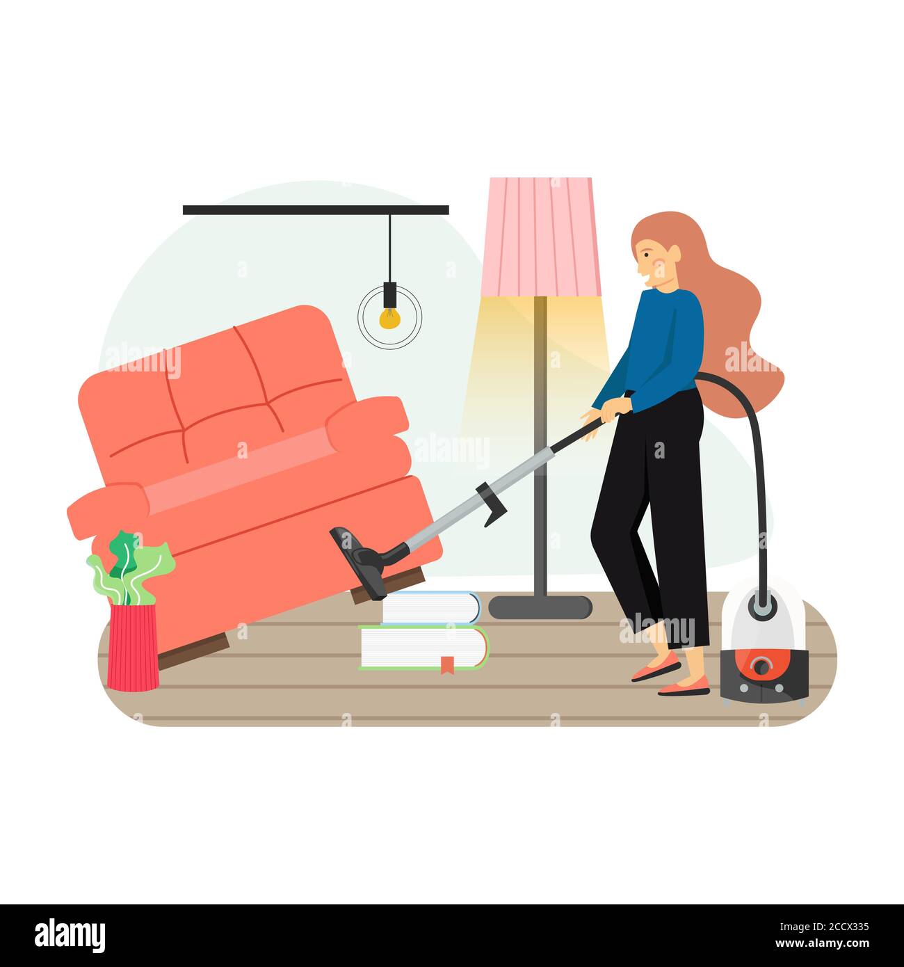 Young woman cleaning living room with vacuum and floor cleaner, flat vector illustration. Home ...