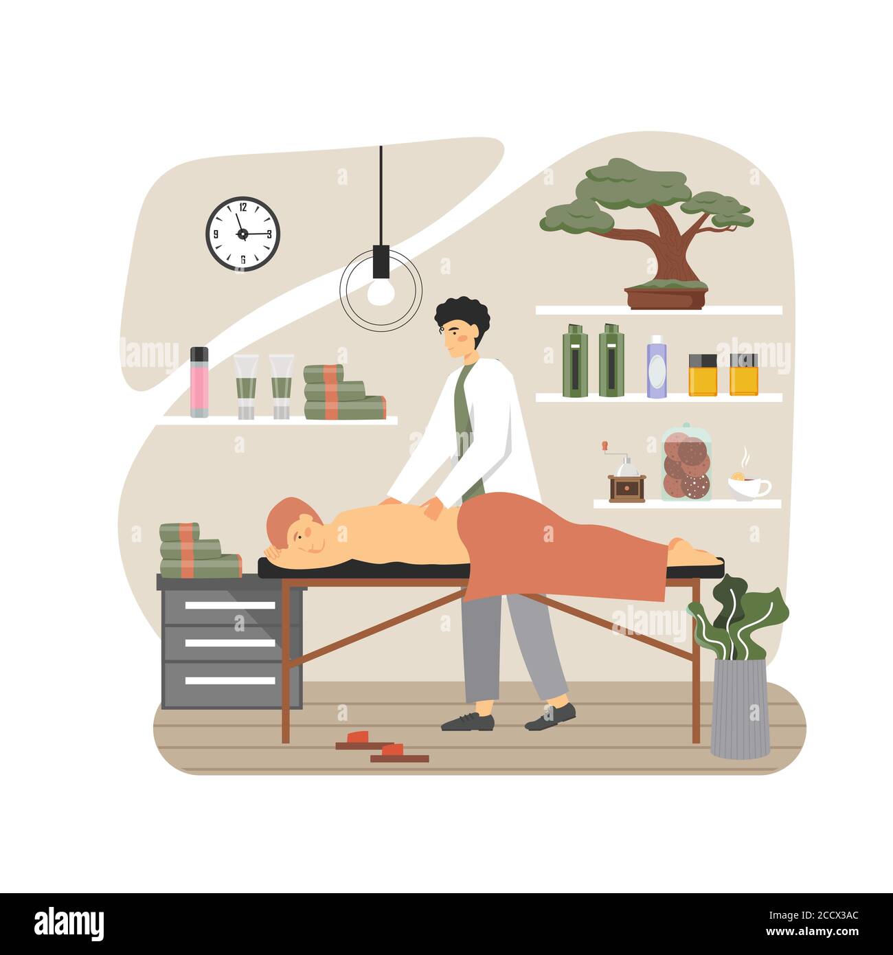 Massage Therapist Masseur Giving Back Massage To Man Lying On Table