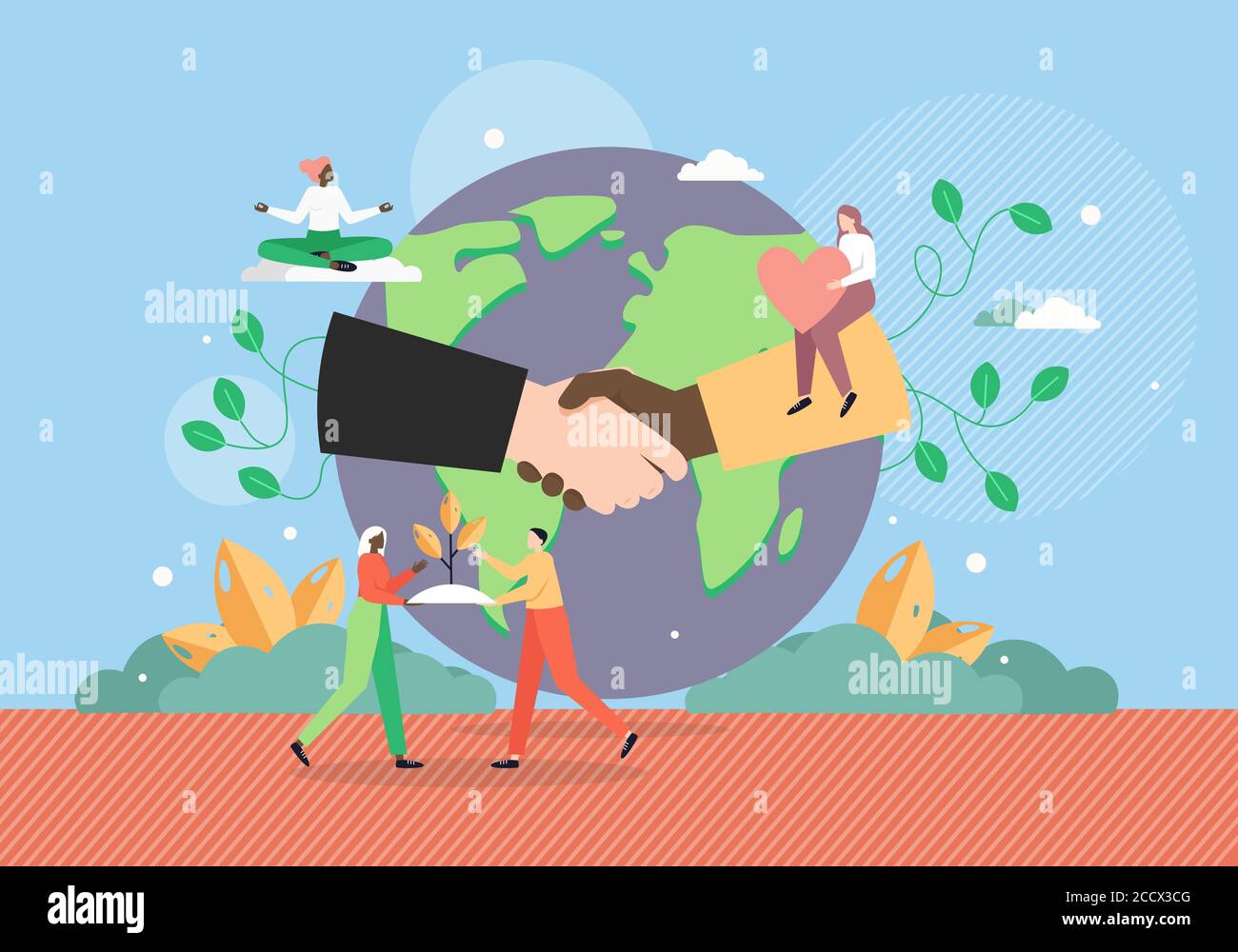 World peace. Planet Earth globe with multiracial handshake, flat vector ...