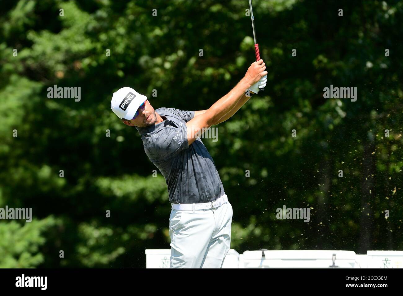 August 23, 2020: Scott Harrington, of the United States, drives from ...