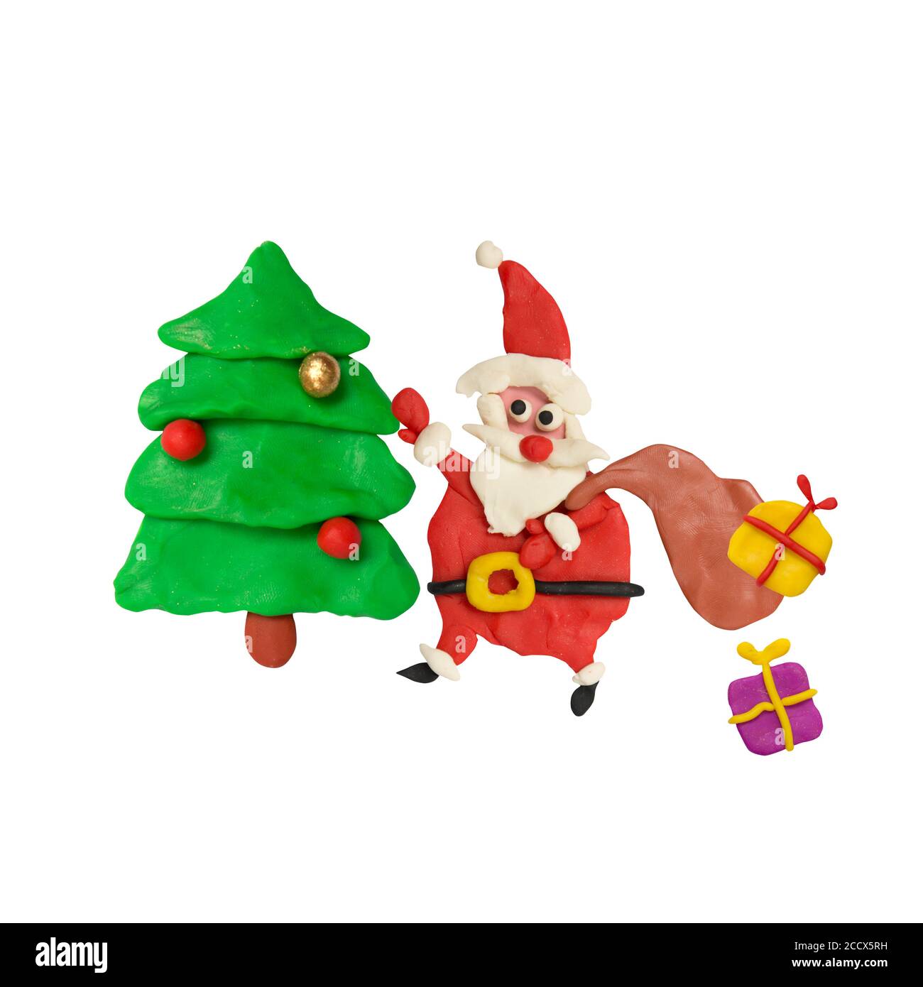 Cartoon fun Santa with Christmas tree and gifts isolated on white ...