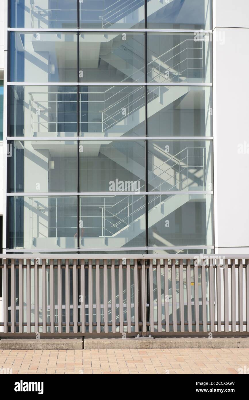 Side view of metal stairs inside the building on exit way connect to ...