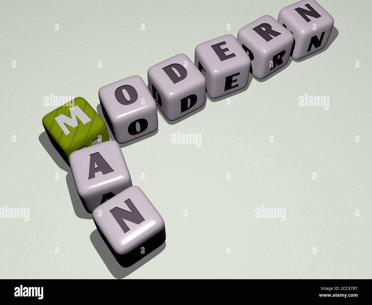 modern man crossword by cubic dice letters, 3D illustration Stock Photo ...
