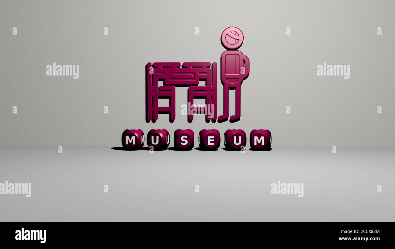museum 3D icon on the wall and text of cubic alphabets on the floor, 3D ...