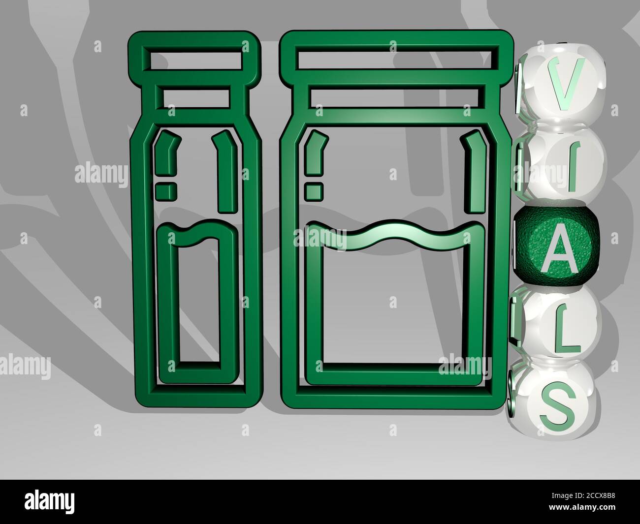 VIALS 3D icon beside the vertical text of individual letters, 3D ...