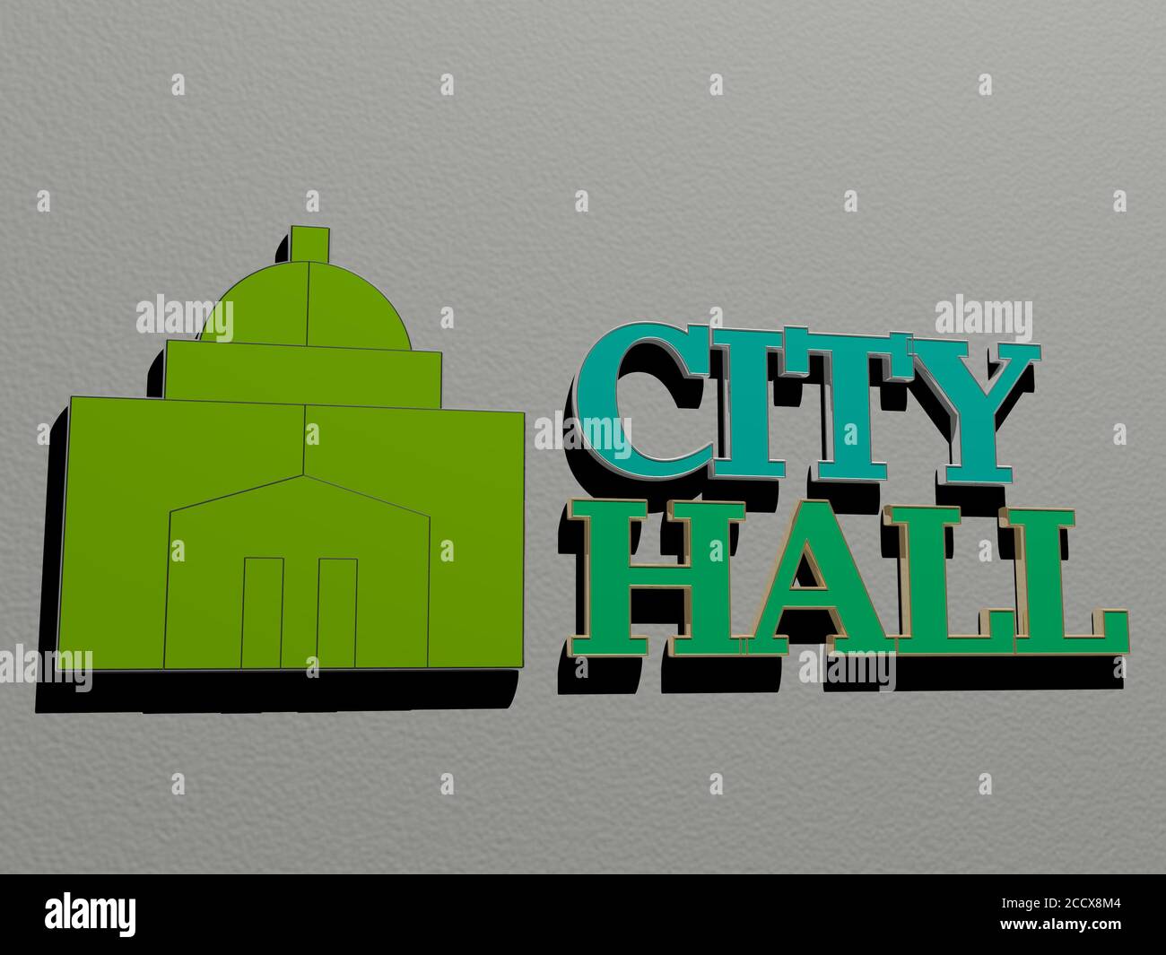 3D graphical image of CITY HALL vertically along with text built by ...