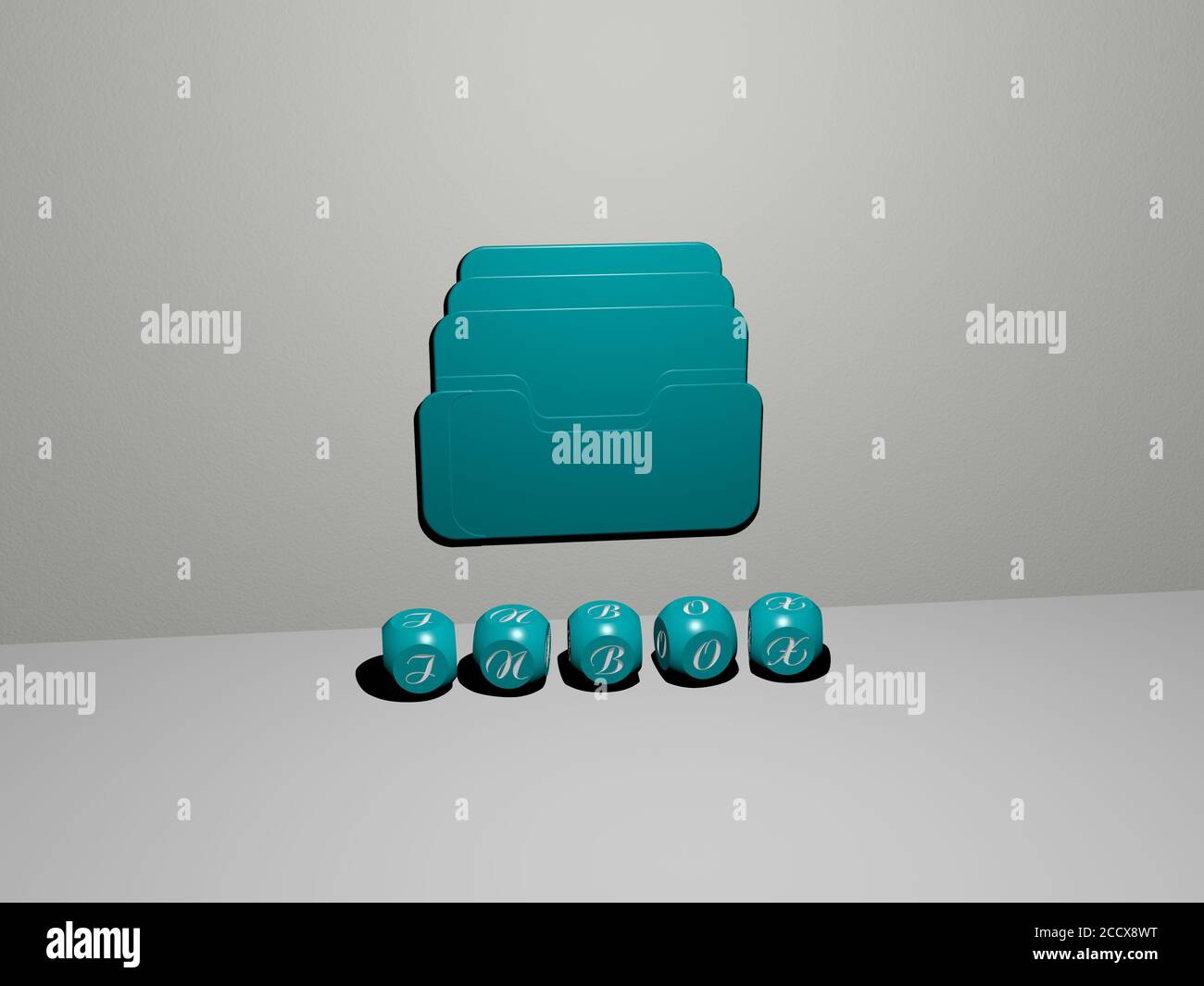 inbox 3D icon on the wall and text of cubic alphabets on the floor, 3D ...