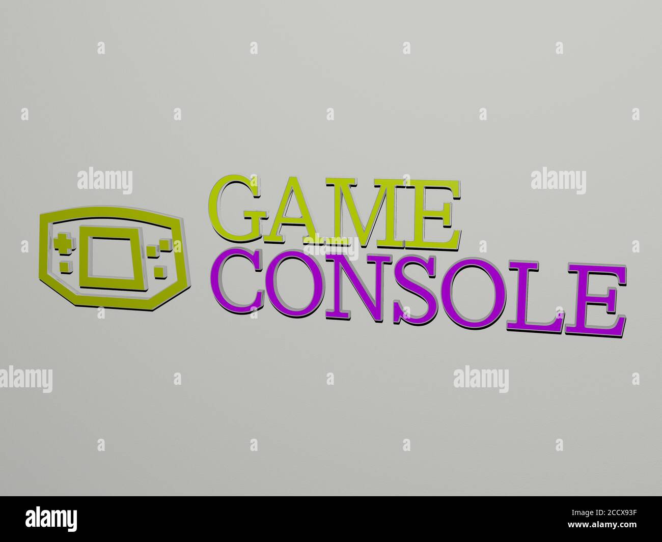 3D illustration of game console graphics and text made by metallic dice ...