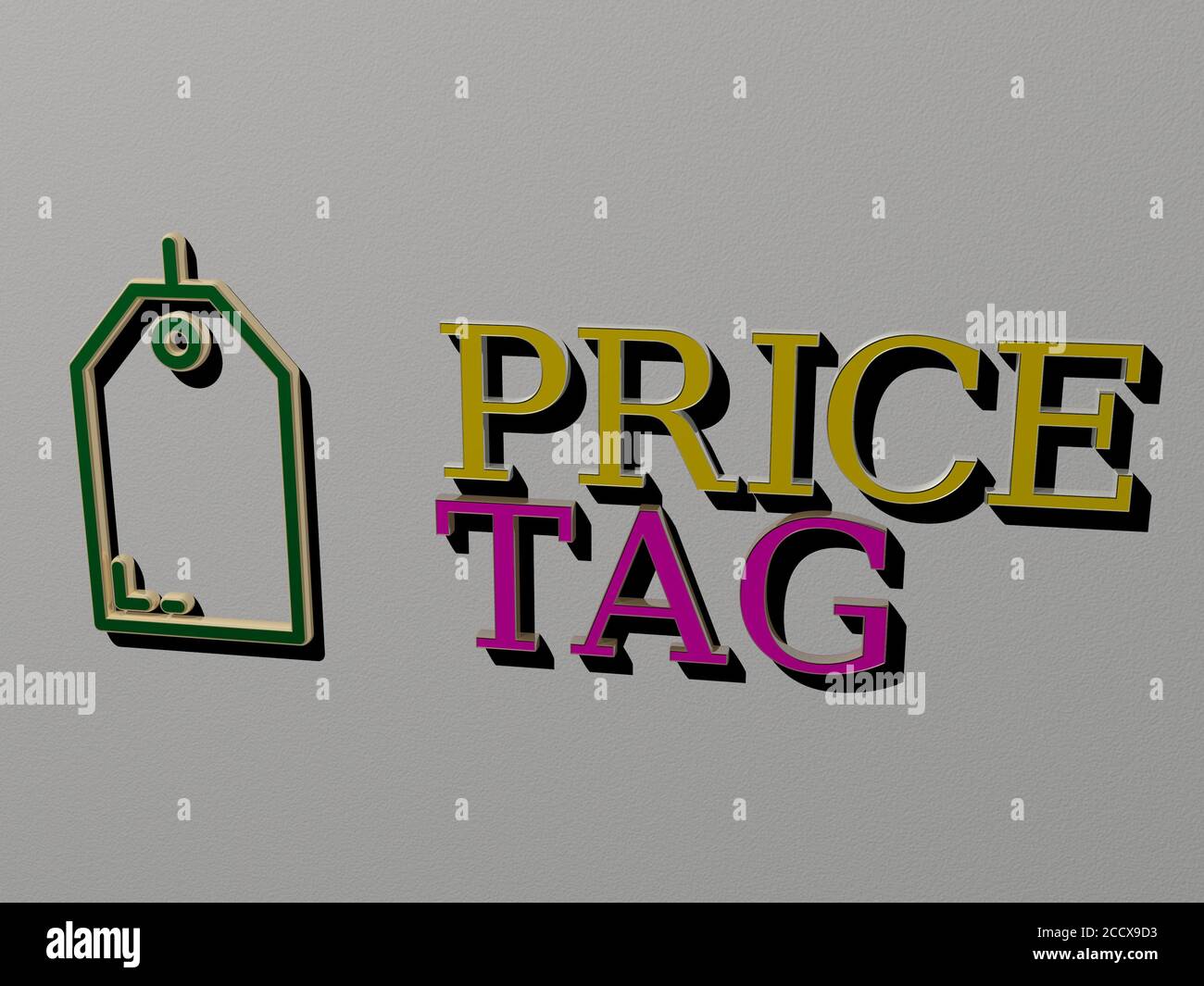 3D illustration of PRICE TAG graphics and text made by metallic dice ...