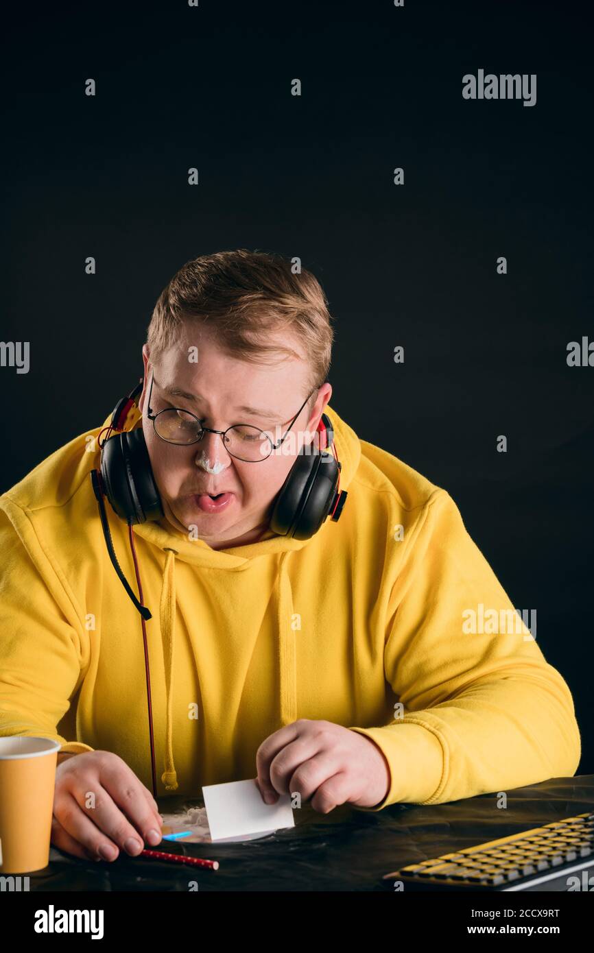 guy gets pleasure from drugs. illness concept. pastime. isolated black ...