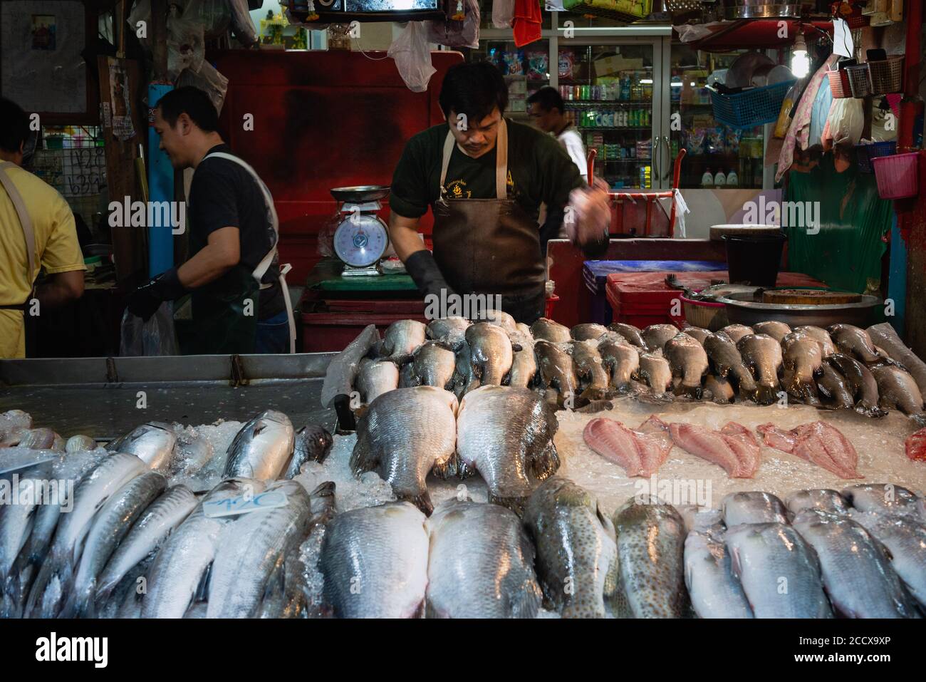 Fishmonger at Khlong Toei market, Bangkok Stock Photo - Alamy