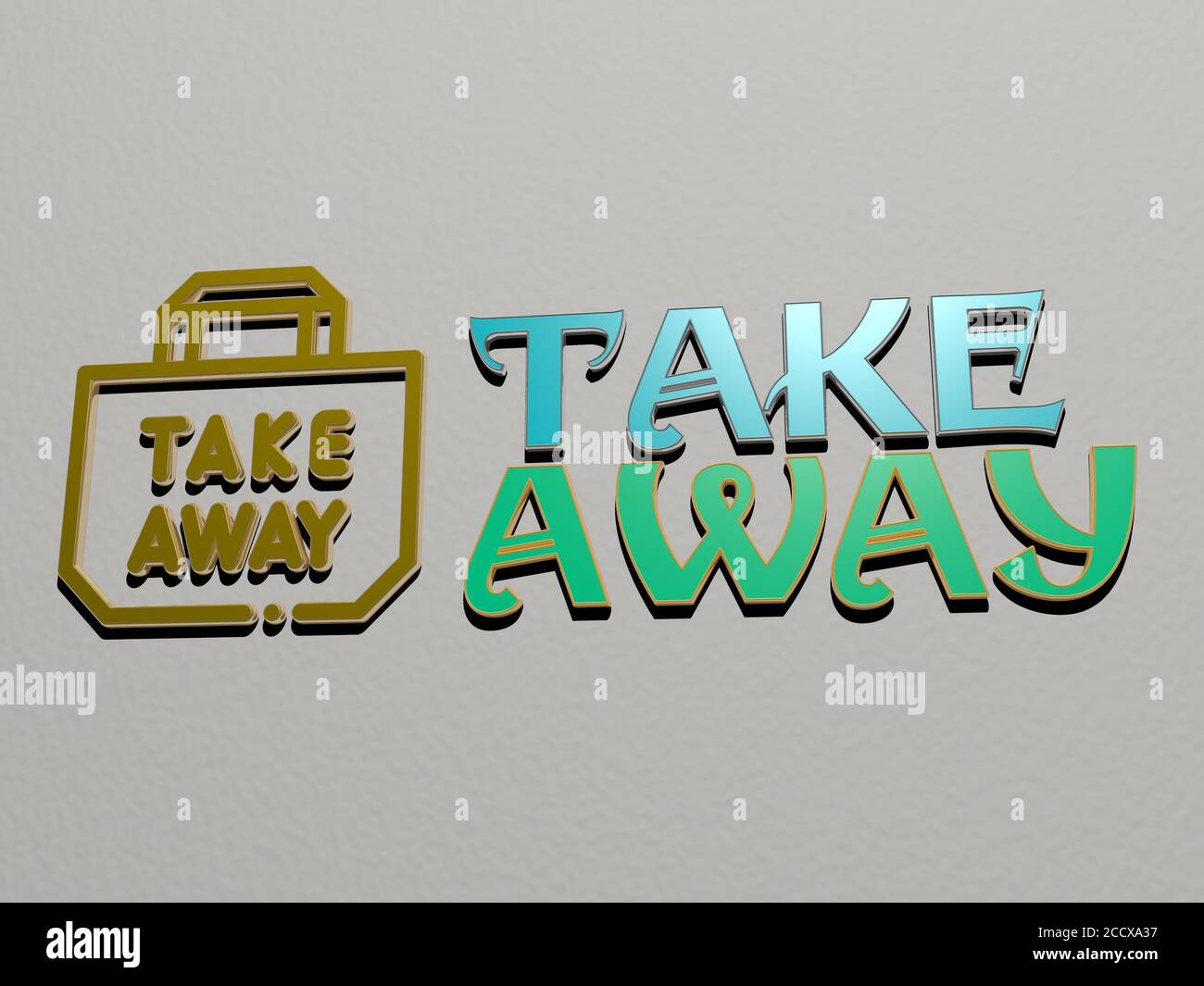 3D representation of take away with icon on the wall and text arranged ...