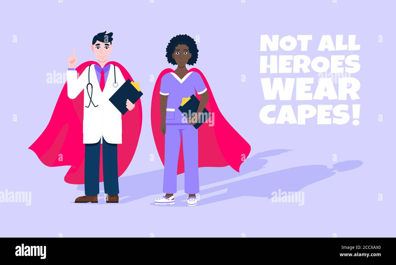 Two doctors with hero cape behind hospital medical employee Stock ...