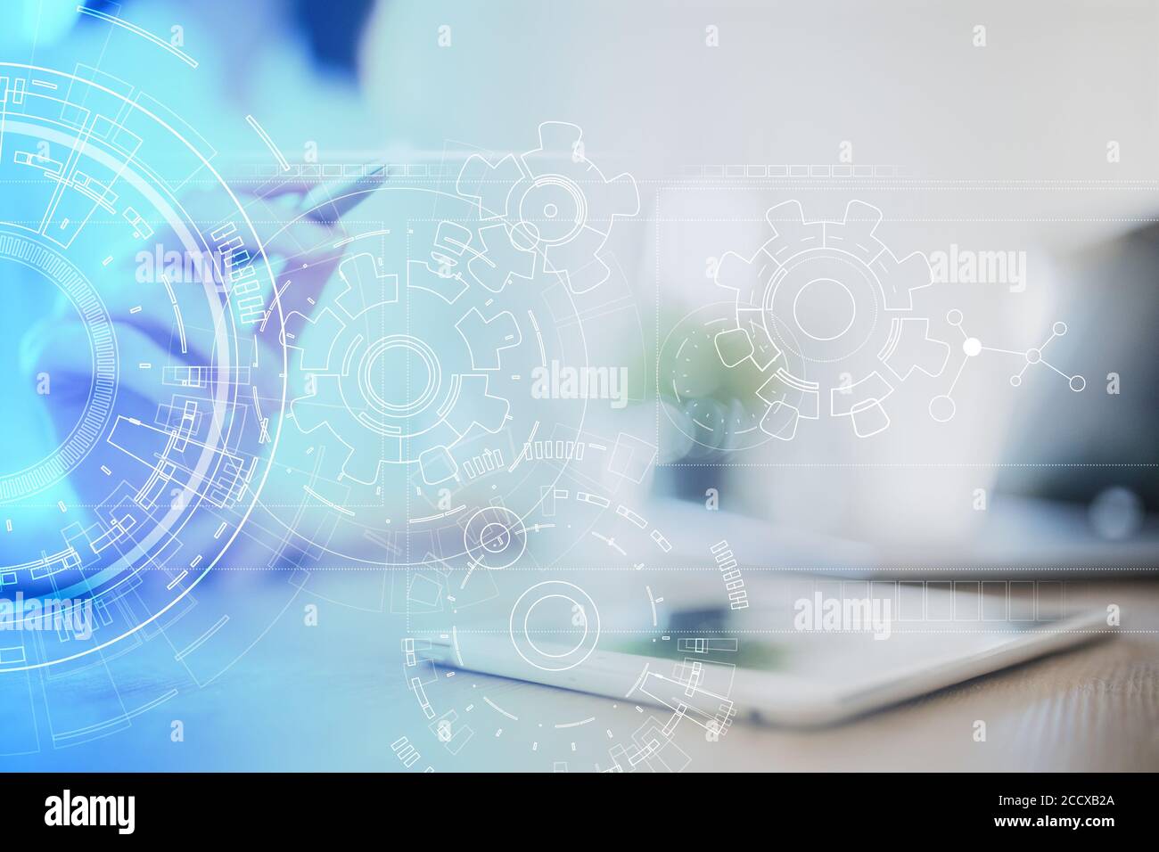 Engineering background with gears draft on virtual screen. Business ...