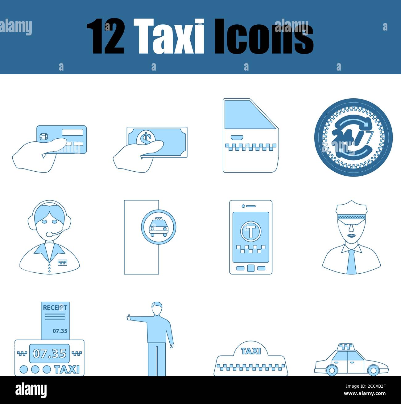 Taxi Icon Set. Thin Line With Blue Fill Design. Vector Illustration ...