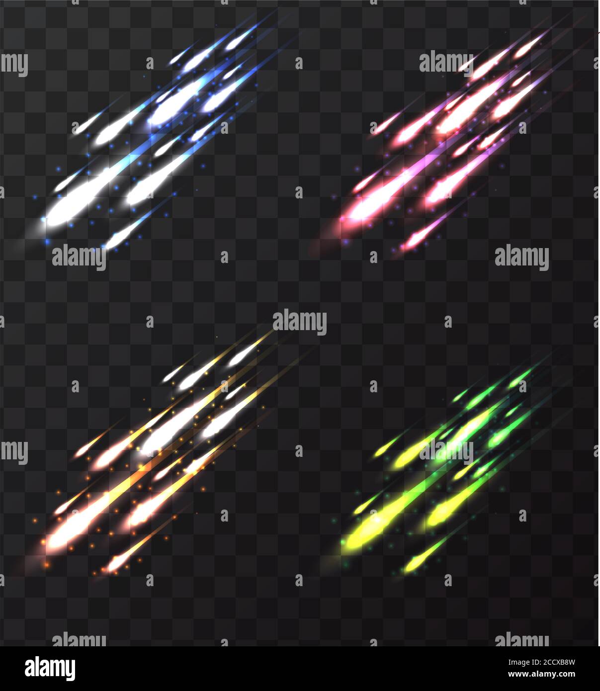 Set of multicolored falling stars. Fireworks on a transparent ...