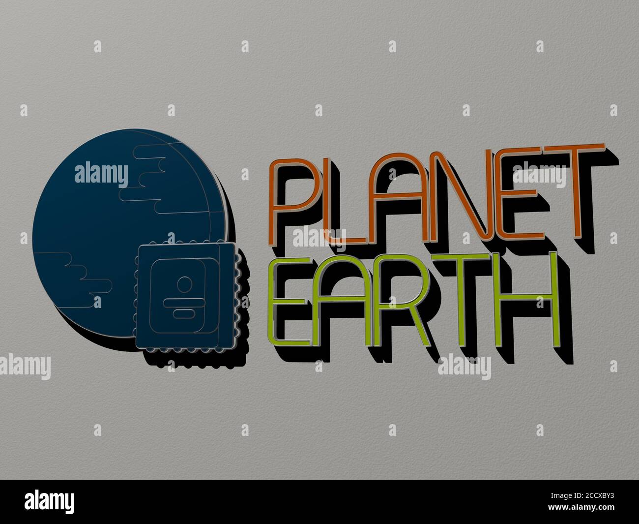 3D illustration of PLANET EARTH graphics and text made by metallic dice ...
