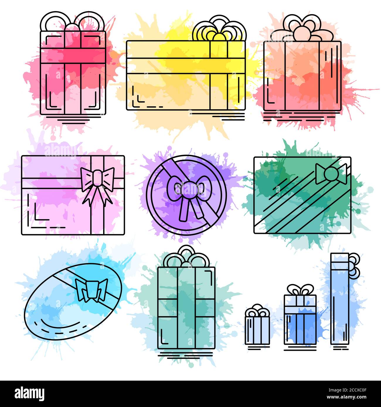 Set of linear icons of festive gifts of various shapes with watercolor ...