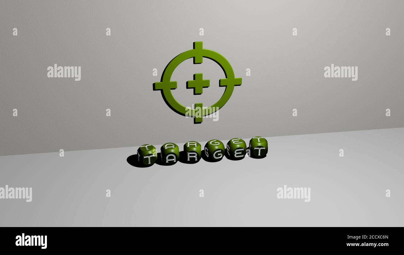 target 3D icon on the wall and text of cubic alphabets on the floor, 3D ...