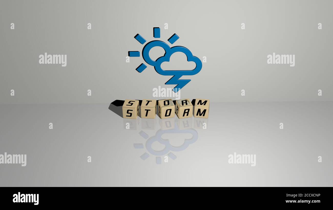 STORM text of cubic dice letters on the floor and 3D icon on the wall ...