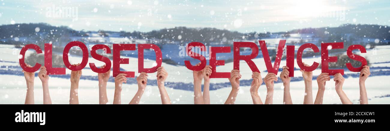 People Hands Holding Word Closed Services, Snowy Winter Background ...