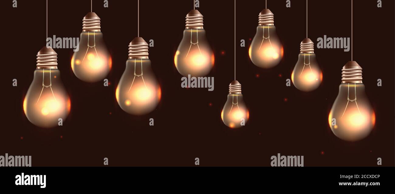 Illustration of hanging realistic light bulbs with light and sparkle ...