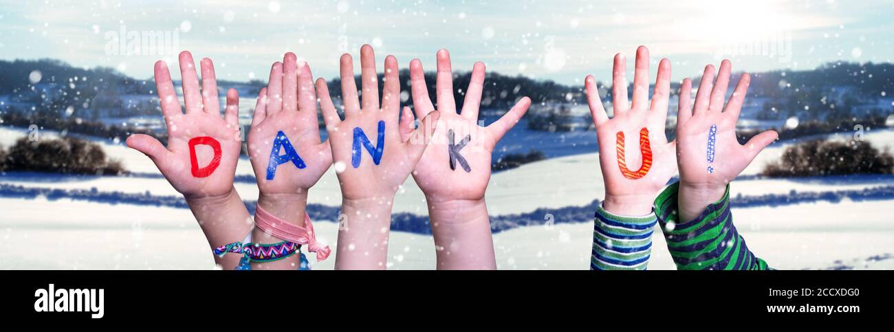 Children Hands Building Word Dank U Means Thank You, Snowy Winter ...