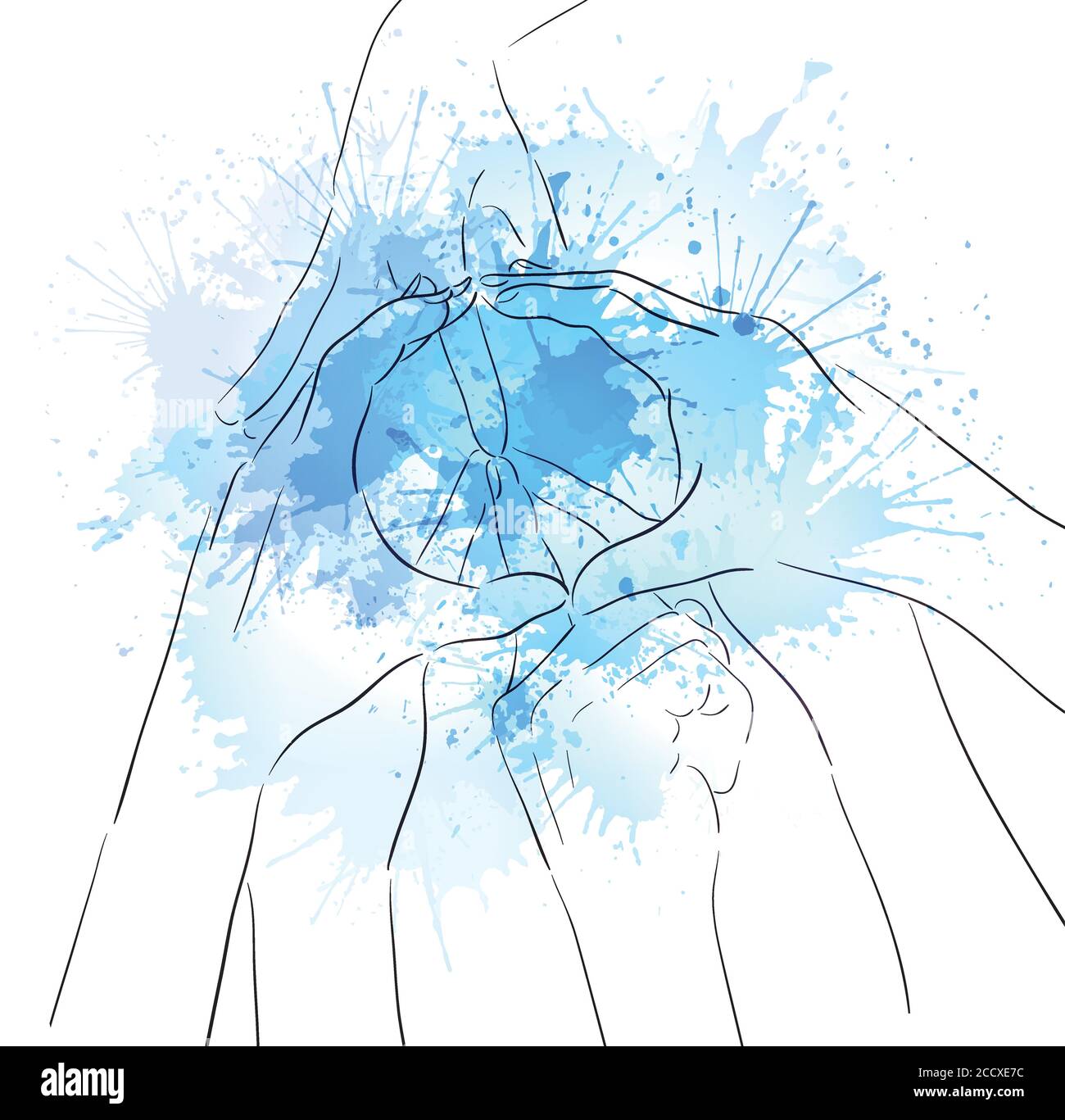 Contour illustration of human hands, sign of peace and watercolor ...