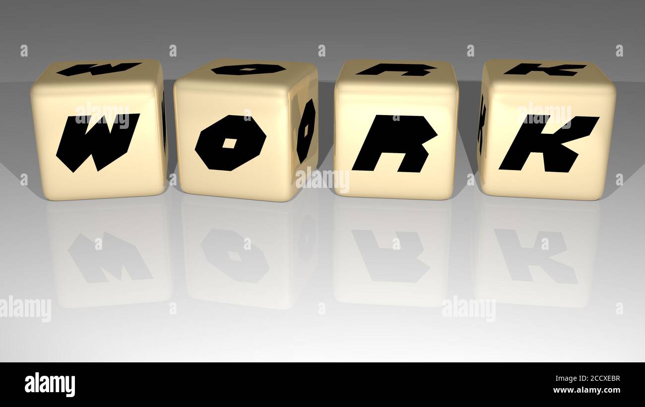 WORK text of cubic dice letters on the floor and 3D icon on the wall ...