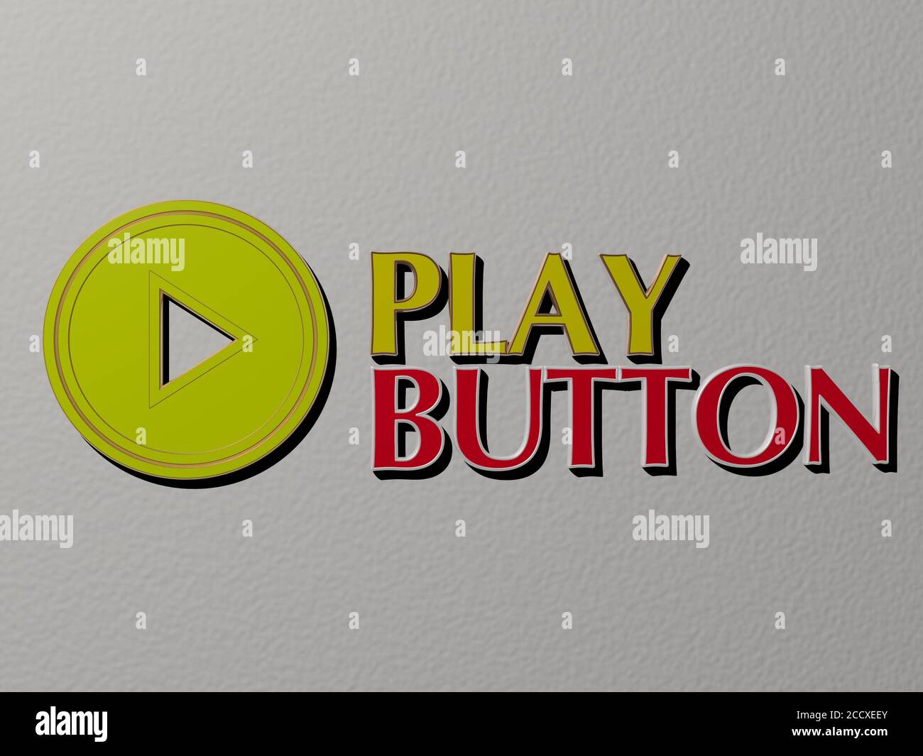 3D representation of PLAY BUTTON with icon on the wall and text ...