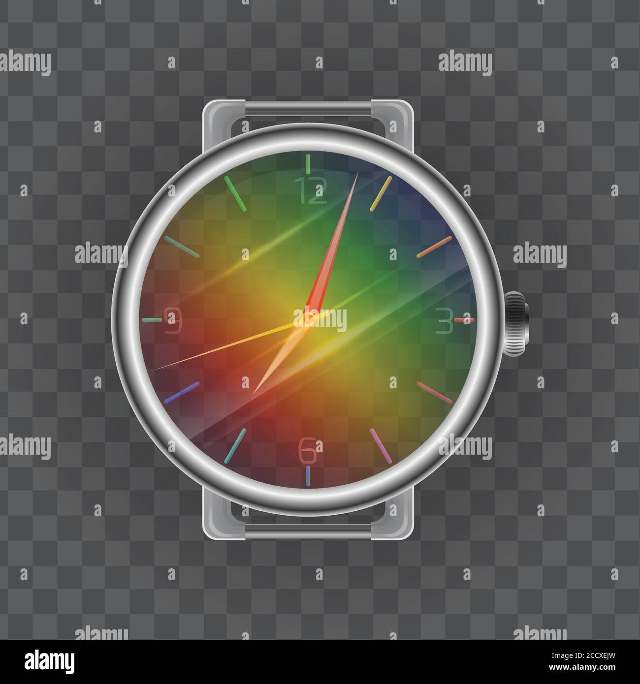 Realistic illustration of a wristwatch. Rainbow transparent clock face ...