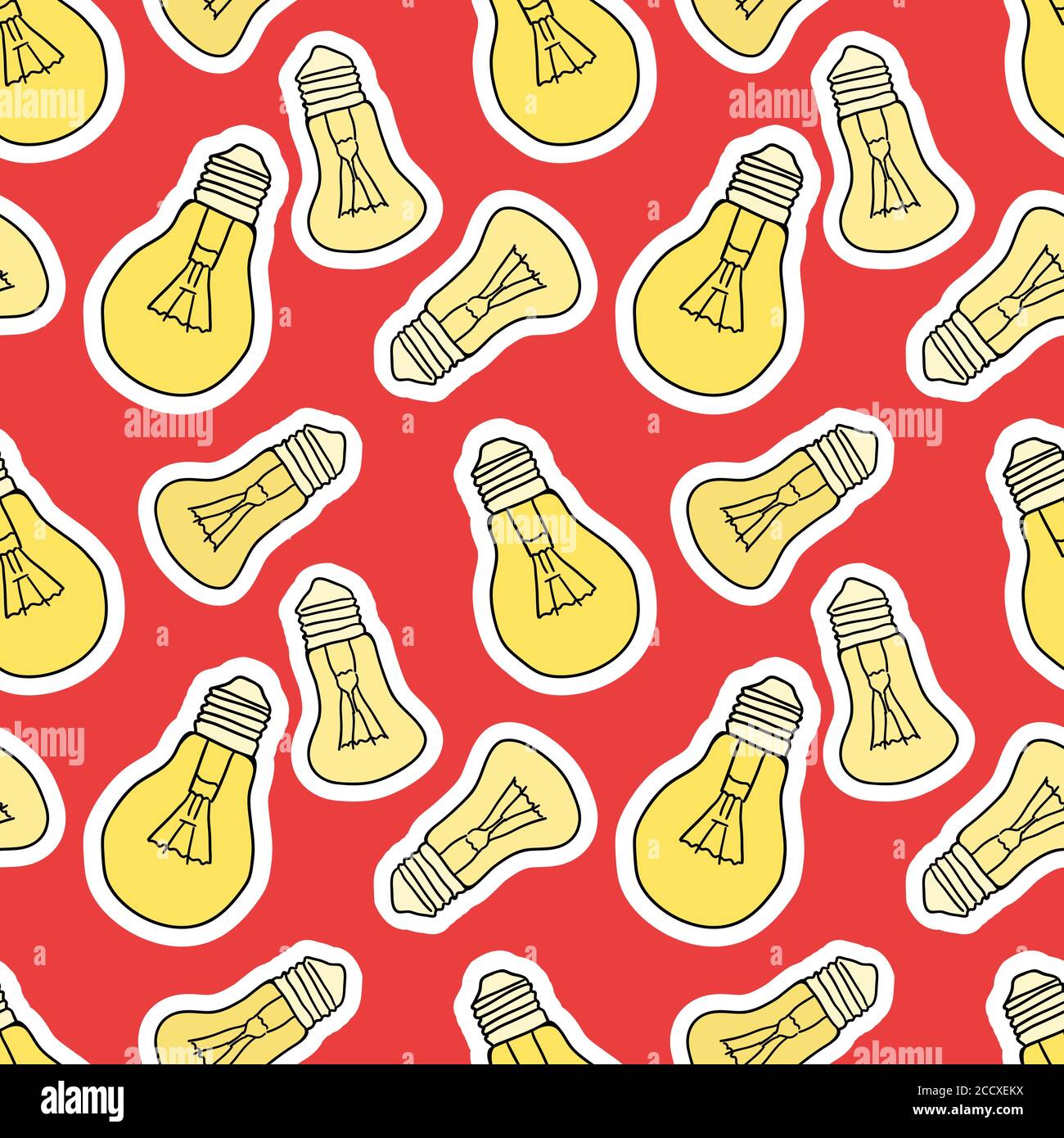 Seamless texture with cartoon bulbs on a red background. Vector pattern ...