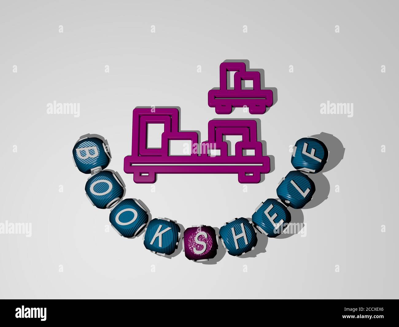 BOOKSHELF text around the 3D icon, 3D illustration Stock Photo - Alamy