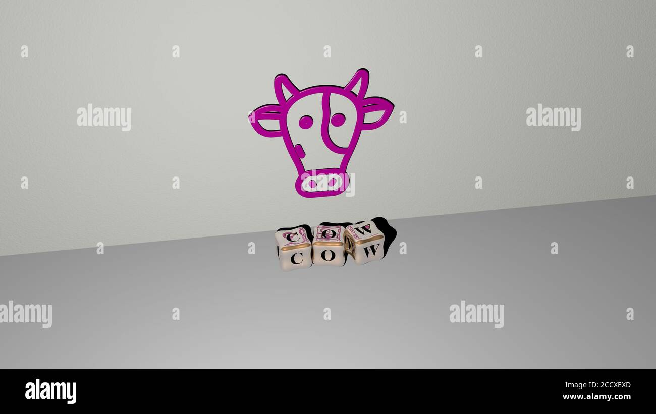 cow 3D icon on the wall and cubic letters on the floor, 3D illustration ...