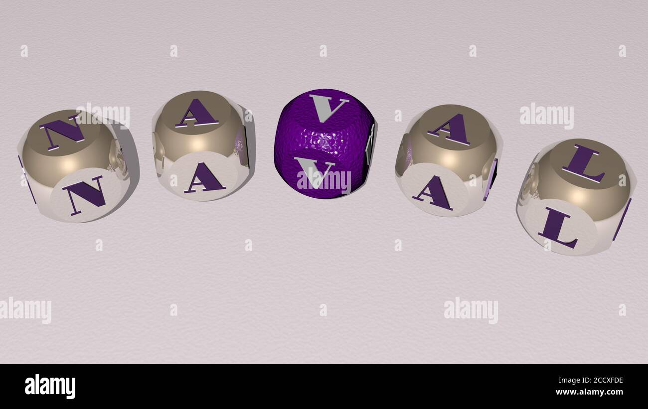 NAVAL curved text of cubic dice letters, 3D illustration Stock Photo ...